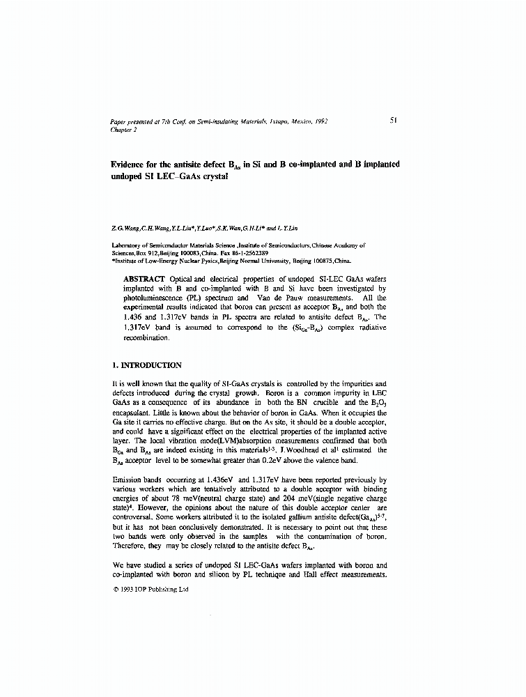 Evidence for the Antisite Defect B/sub As/ in Si and B Co-Implanted and ...