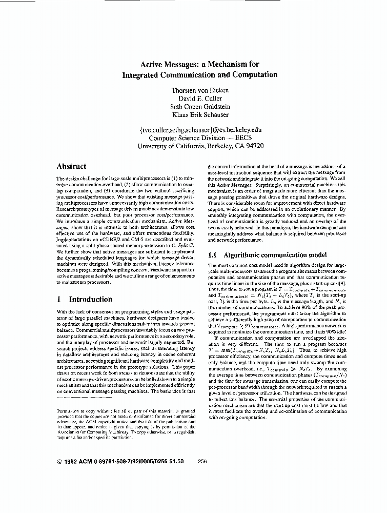Active Messages: A Mechanism for Integrated Communication and ...