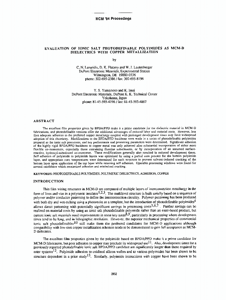Evaluation of Ionic Salt Photodefinable Polyimides As Mcm-D Dielectrics ...