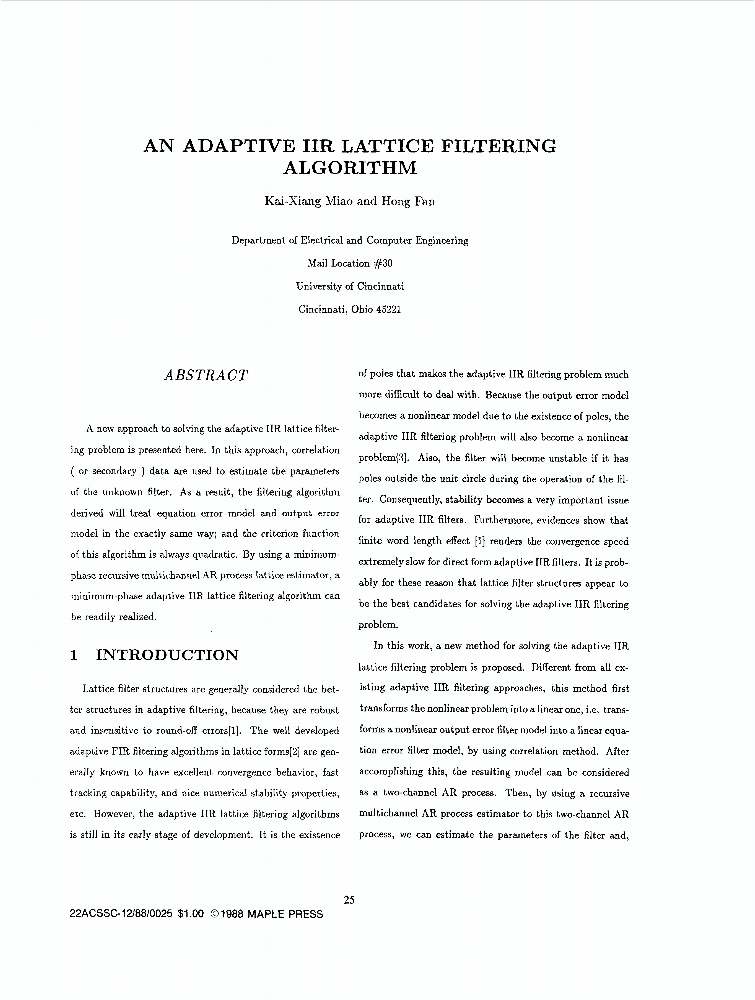 An Adaptive IIR Lattice Filtering Algorithm | IEEE Conference Publication | IEEE Xplore