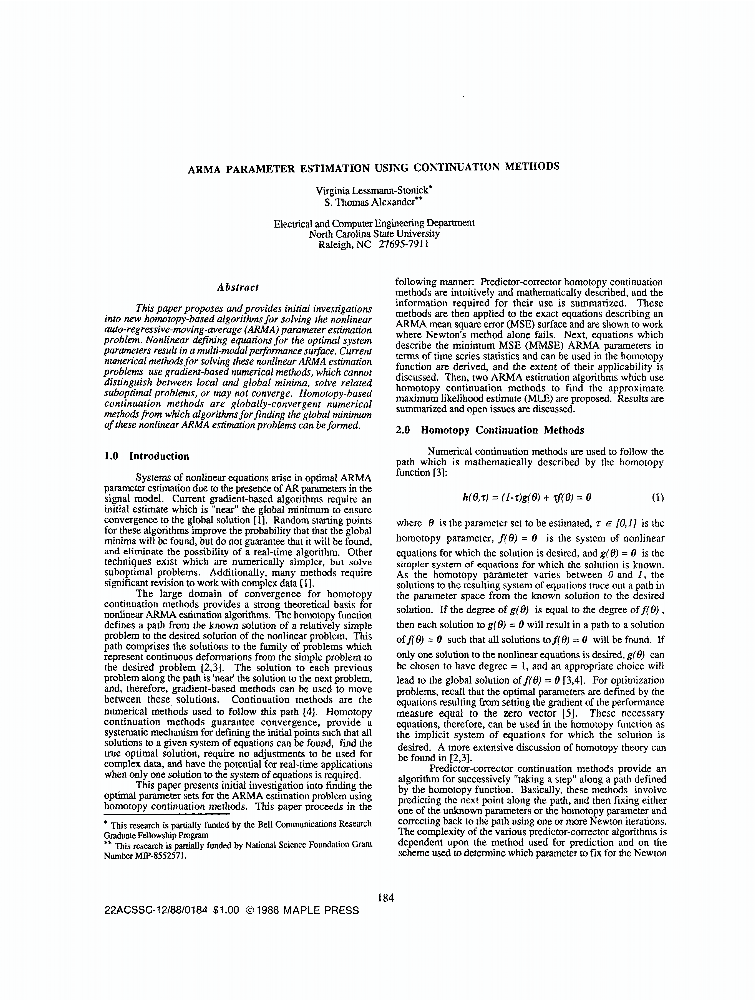 Arma Parameter Estimation Using Continuation Methods | IEEE Conference Publication | IEEE Xplore