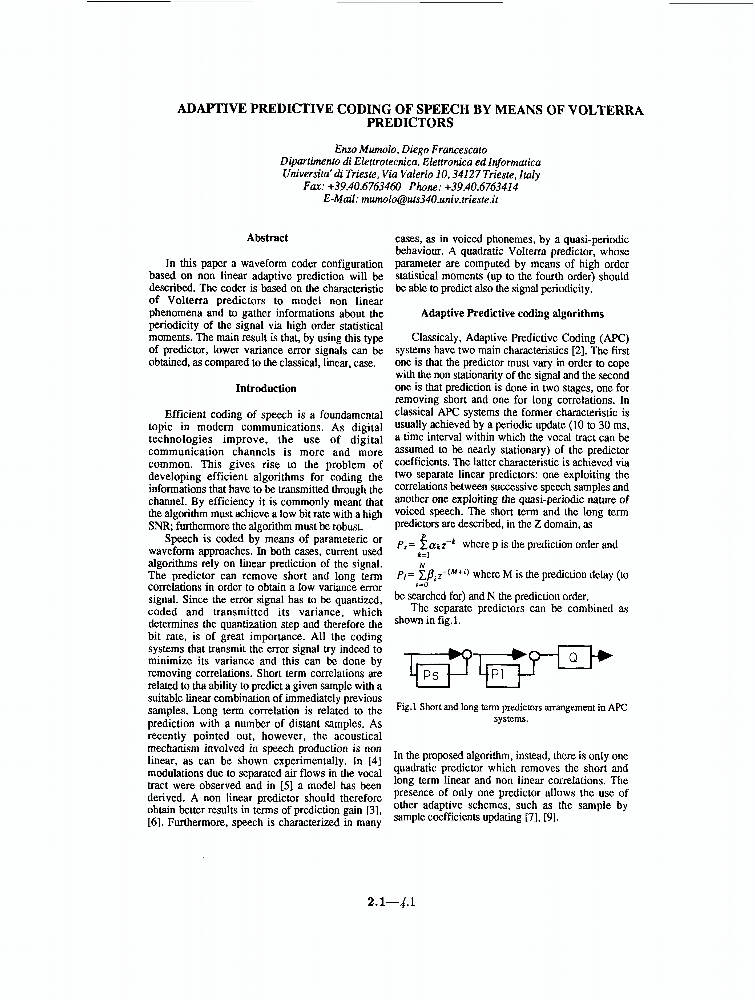 Adaptive predictive coding of speech by means of volterra predictors ...