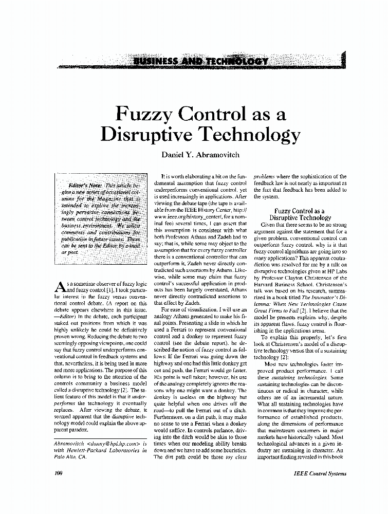 Fuzzy control as a disruptive technology | IEEE Journals & Magazine ...