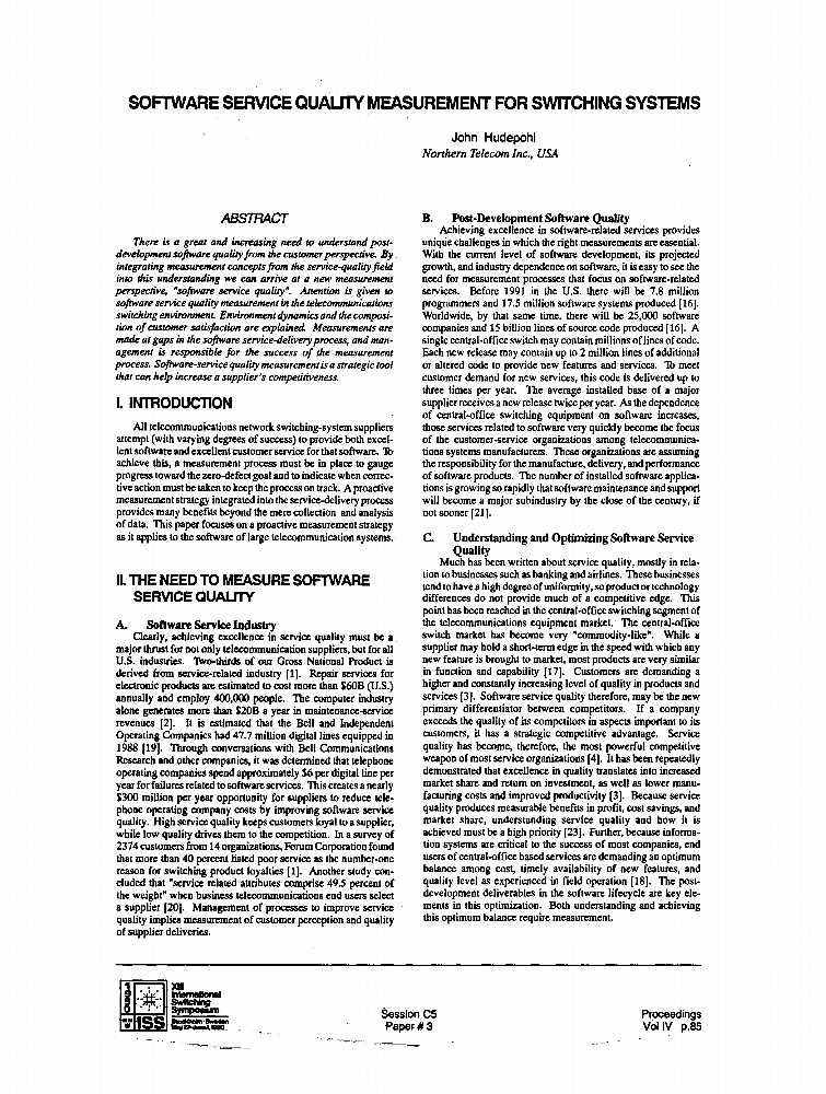 Software service quality measurement for switching systems | IEEE ...