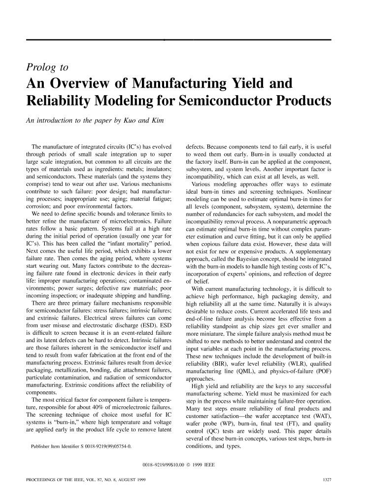 Prolog to: An Overview Of Manufacturing Yield And Reliability Modeling ...