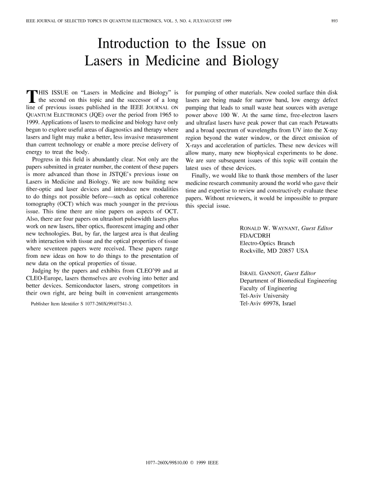 Introduction to the issue on lasers in medicine and biology | IEEE ...