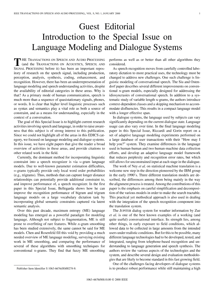 Guest Editorial Introduction To The Special Issue On Language Modeling And Dialogue Systems