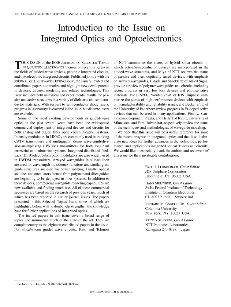Introduction to the issue on integrated optics and optoelectronics ...