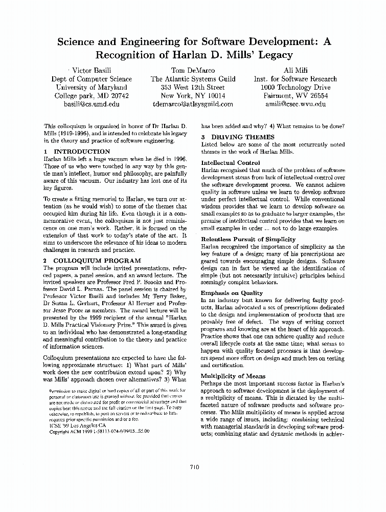 Science and engineering for software development: a recognition of Harlan D. Mills' legacy ...
