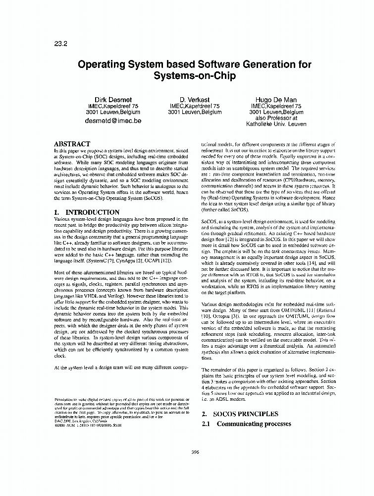 Operating System Based Software Generation For Systems On Chip Ieee Conference Publication