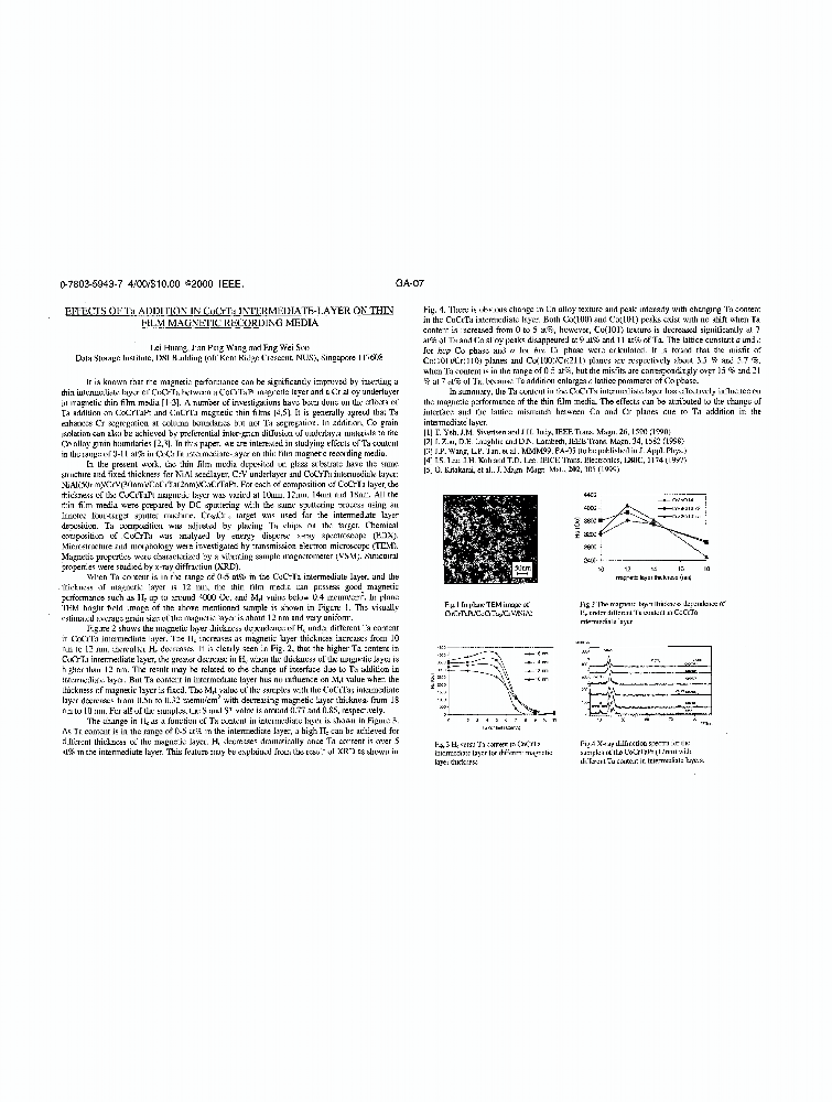 Effects of Ta addition in CoCrTa intermediate-layer on thin film magnetic recording media | IEEE ...