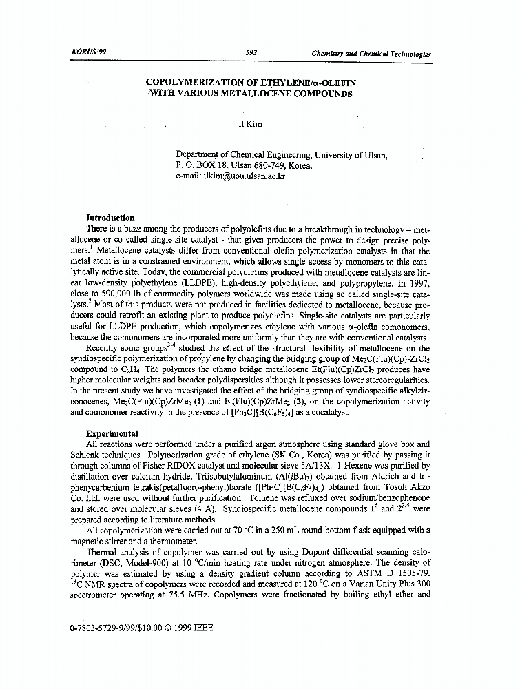 Copolymerization of ethylene//spl alpha/-olefin with various ...