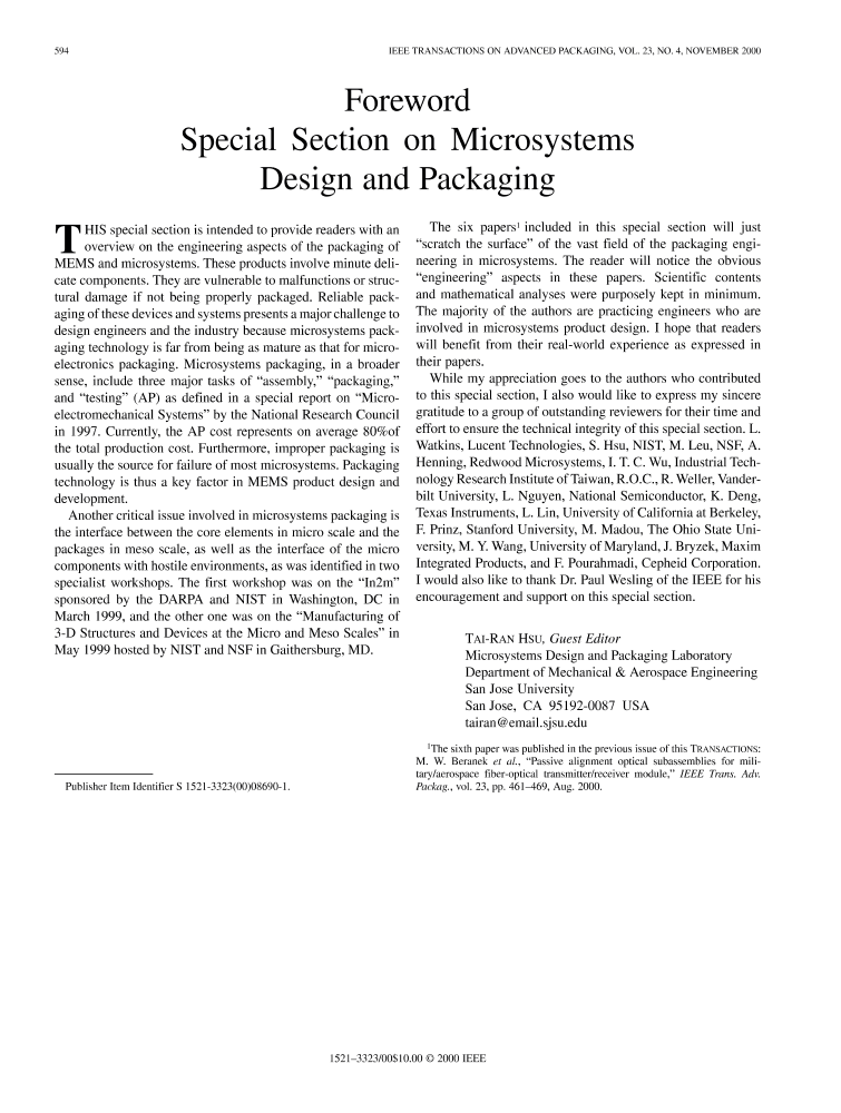 Special section on microsystems design and packaging (Forward) | IEEE ...