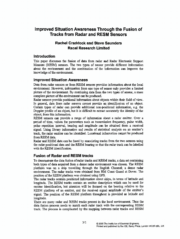 Improved situation awareness through the fusion of tracks from radar ...