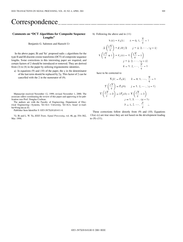 Comments on "DCT algorithms for composite sequence lengths" | IEEE ...