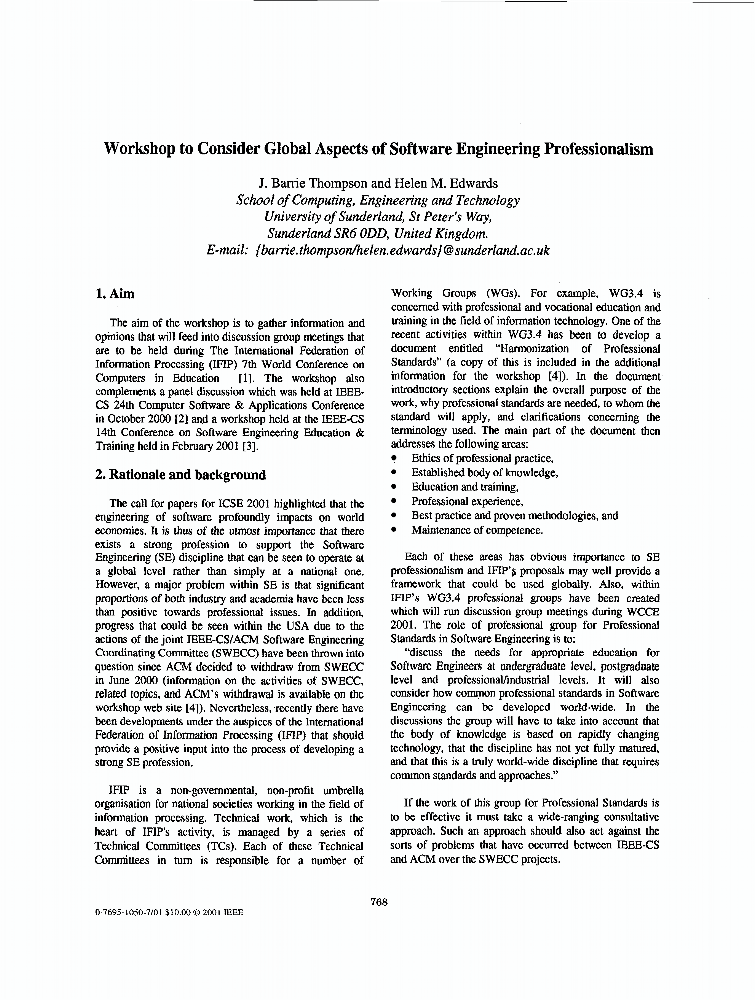 Workshop to consider global aspects of software engineering ...