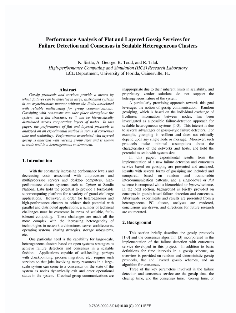 Performance analysis of flat and layered gossip services for failure detection and consensus in ...
