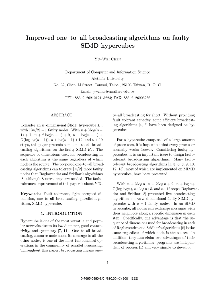 Improved One To All Broadcasting Algorithms On Faulty Simd Hypercubes Ieee Conference