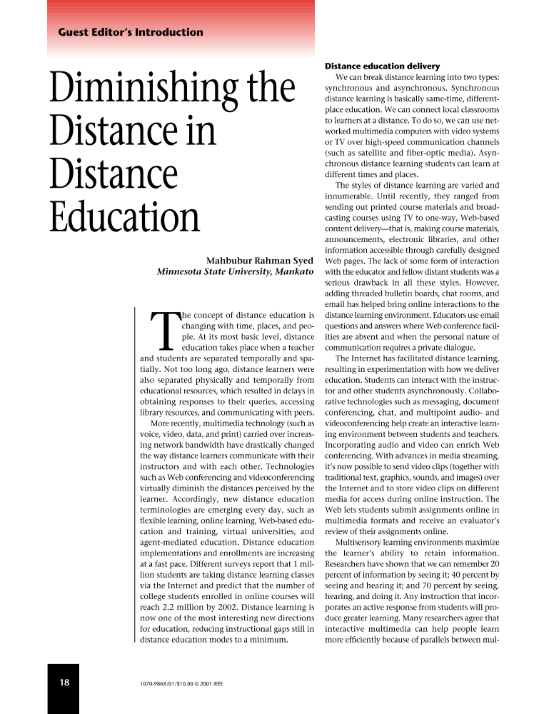 Diminishing the distance in distance education | IEEE Journals ...