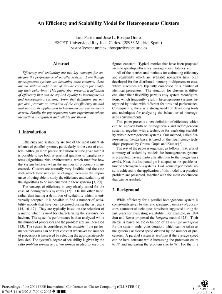 An efficiency and scalability model for heterogeneous clusters | IEEE ...