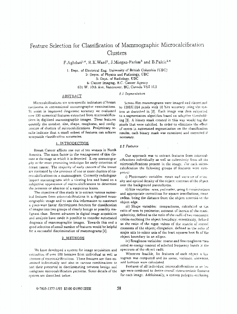 Feature Selection For Classification Of Mammographic Microcalcification Clusters Ieee