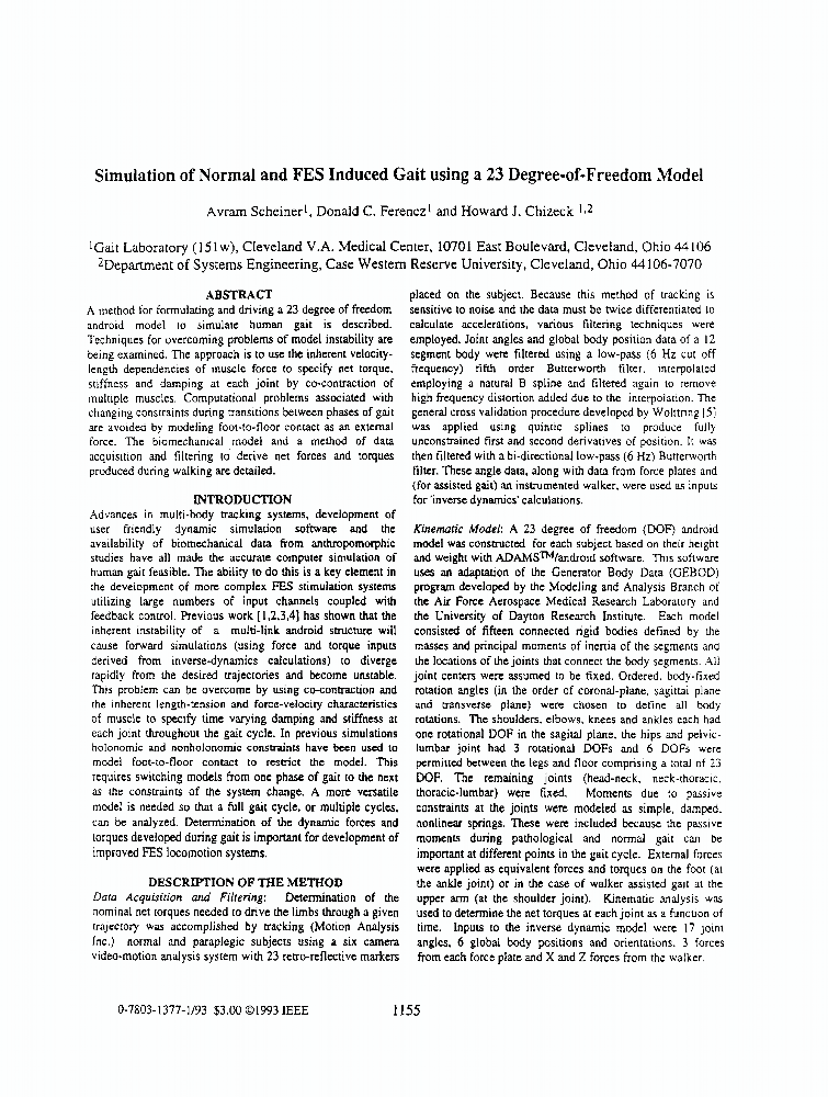 Simulation of normal and FES induced gait using a 23 degree-of-freedom ...
