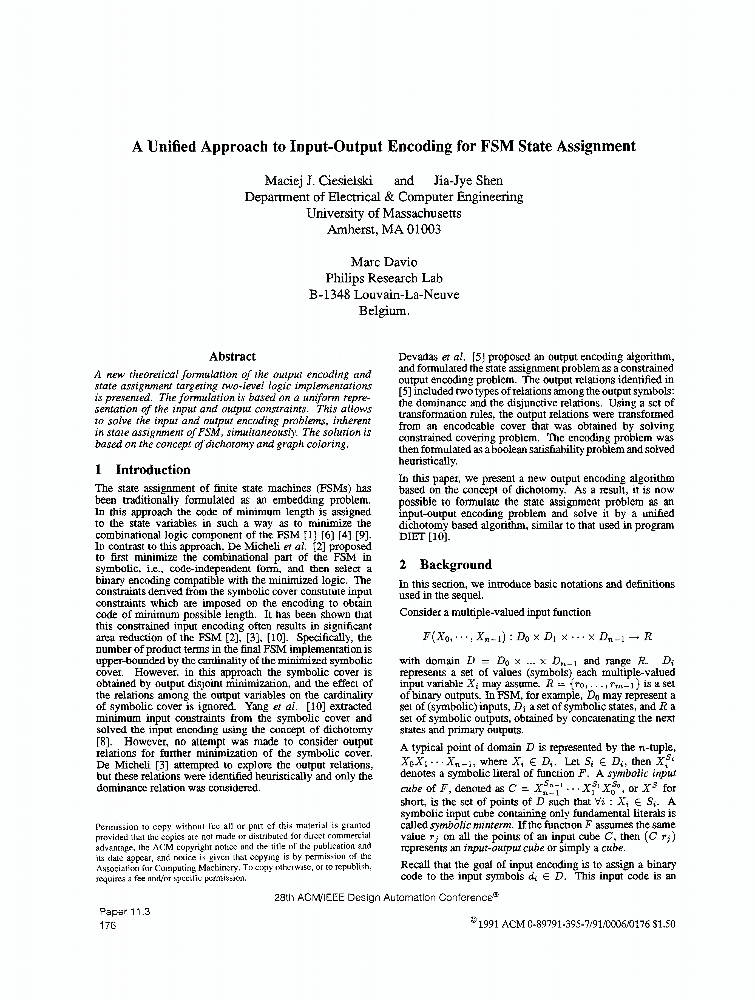 A unified approach to input-output encoding for FSM state assignment ...