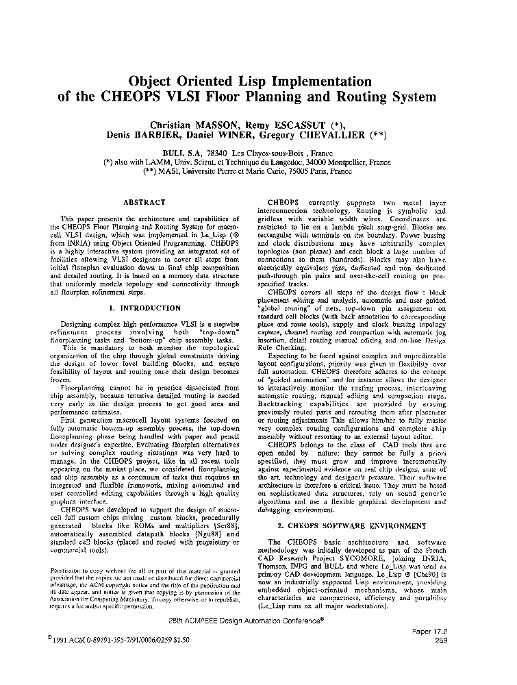Object Oriented Lisp Implementation Of The Cheops Vlsi Floor Planning And Routing System Ieee
