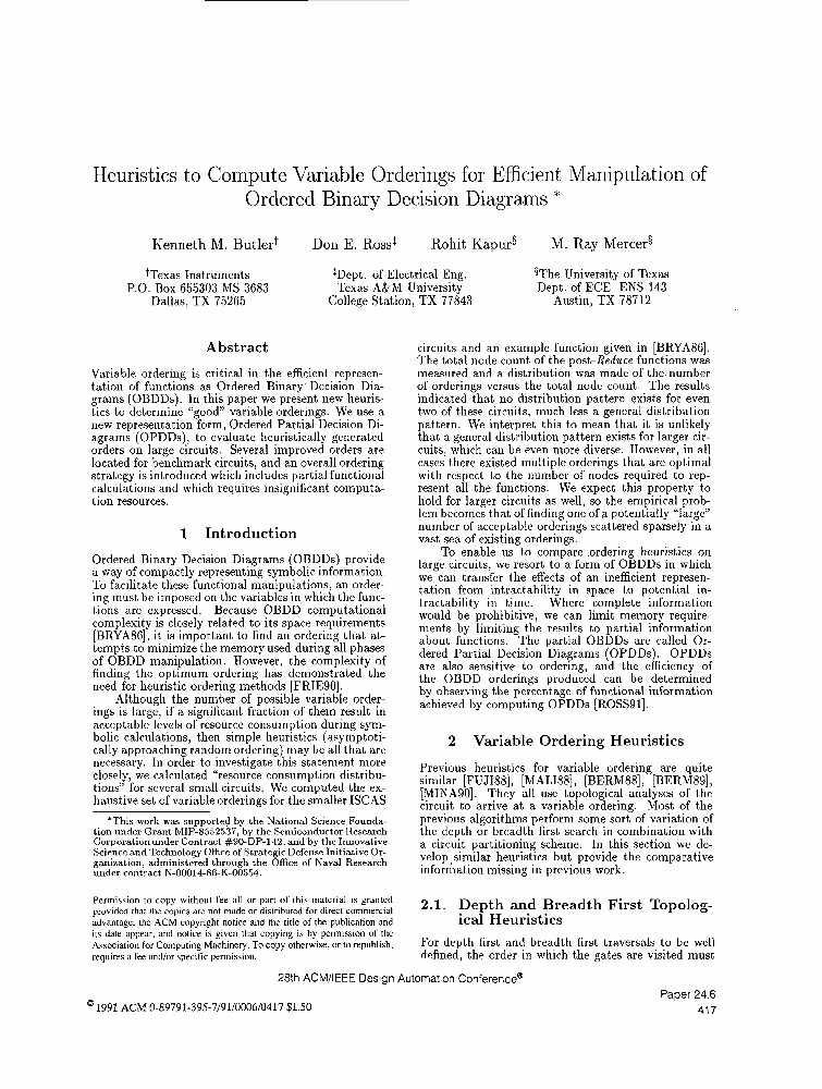 Heuristics to compute variable orderings for efficient manipulation of ordered binary decision ...