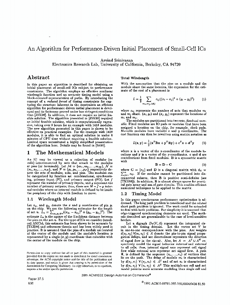 An algorithm for performance-driven initial placement of small-cell ICs ...