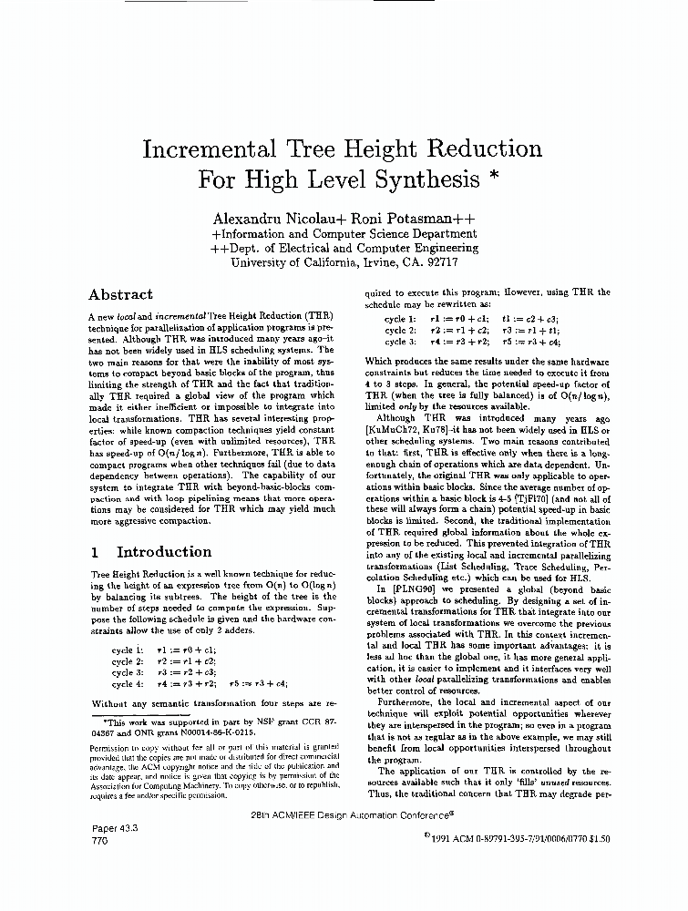 Incremental Tree Height Reduction For High Level Synthesis Ieee