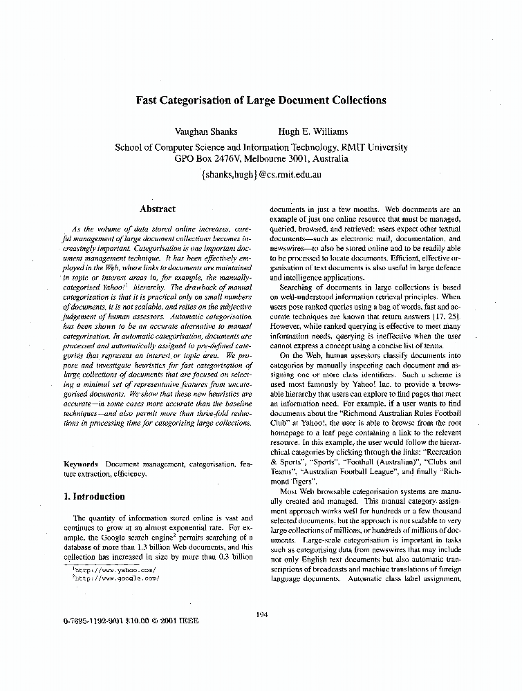 Fast categorisation of large document collections | IEEE Conference ...