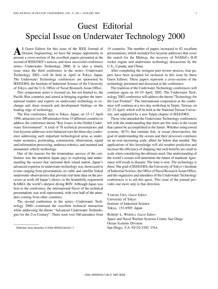Guest editorial special issue on underwater technology 2000 | IEEE Journals & Magazine | IEEE Xplore