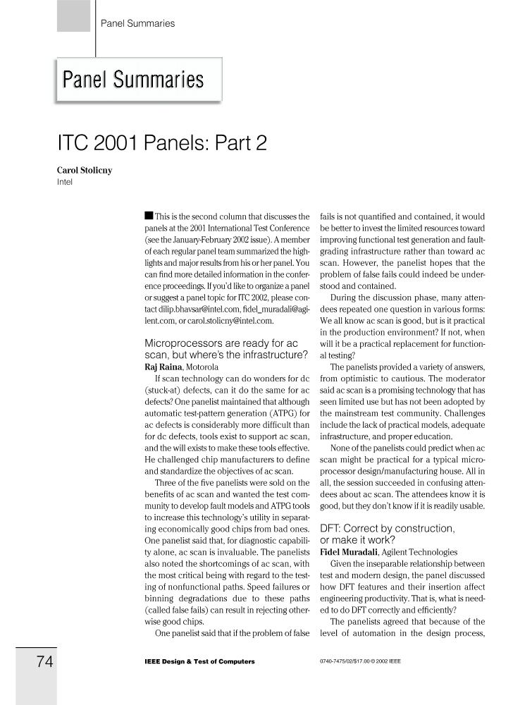 Panel Summaries - ITC 2001 panels: part 2 | IEEE Journals & Magazine ...