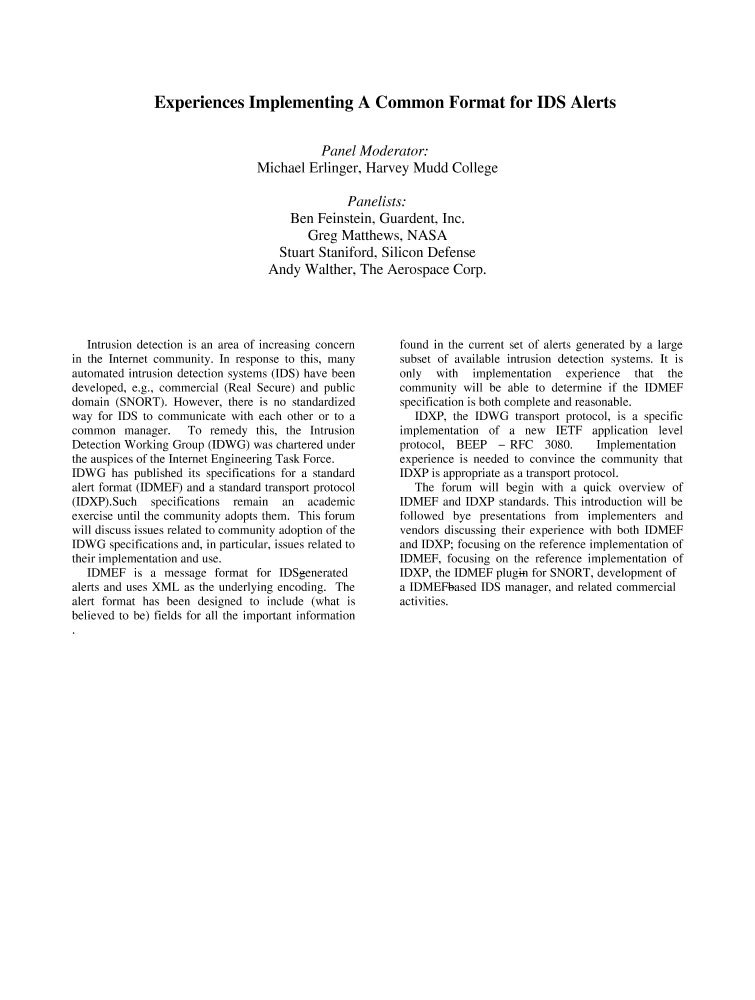 Experiences implementing a common format for IDS alerts | IEEE ...