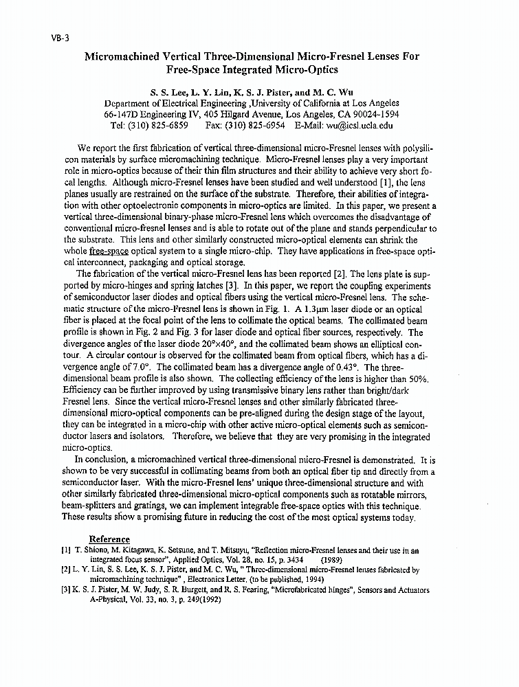 Micromachined vertical three-dimensional micro-fresnel lenses for free ...