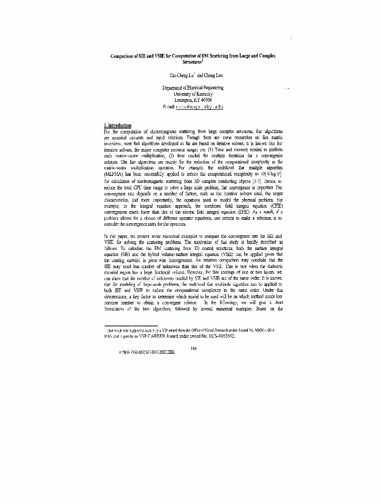 Comparison of SIE and VSIE for computation of EM scattering from large ...