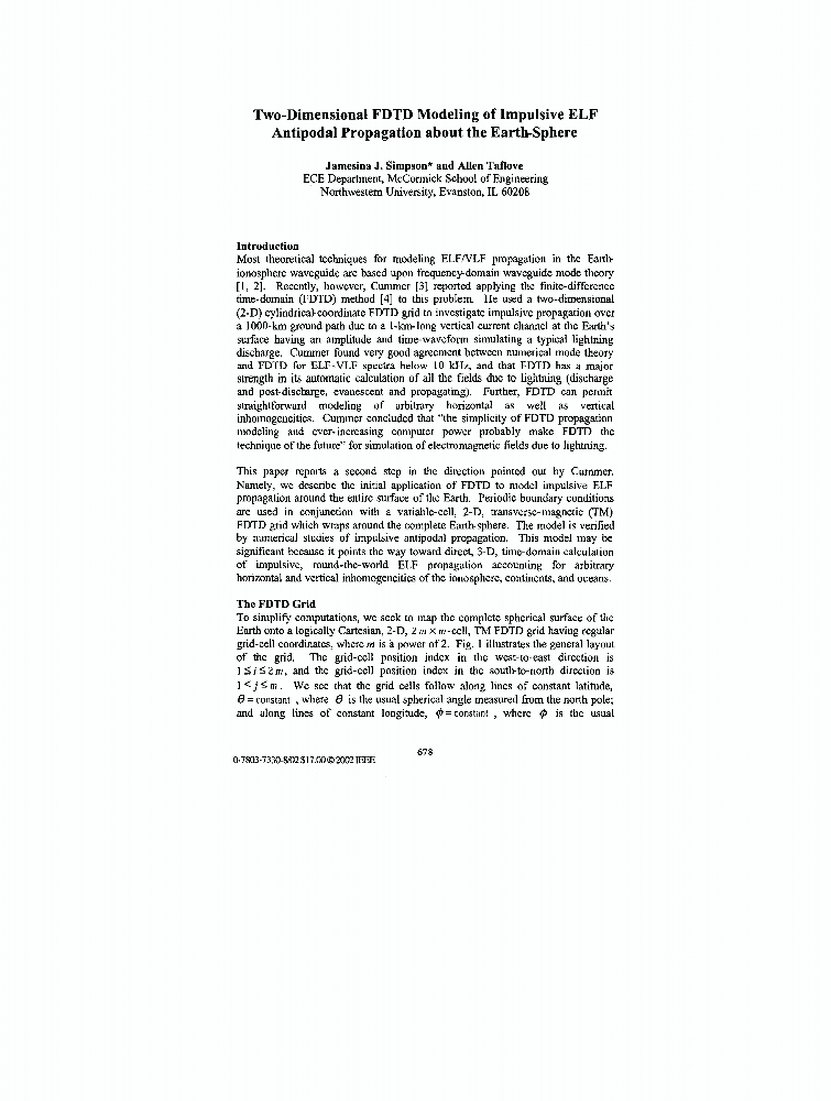 Two-dimensional FDTD modeling of impulsive ELF antipodal propagation ...