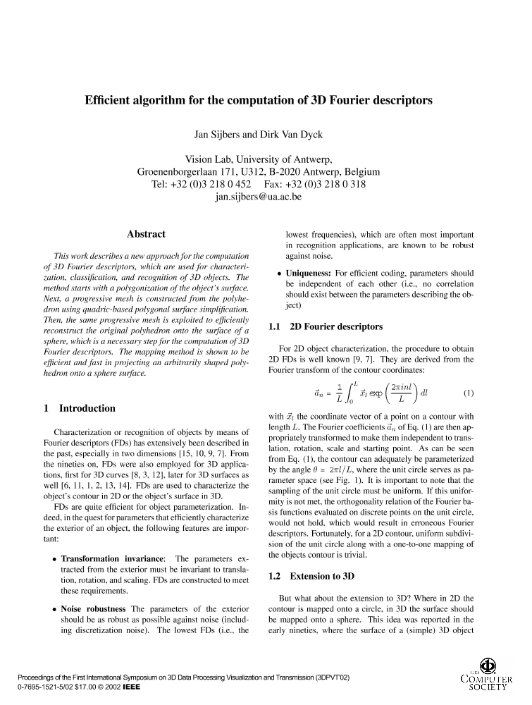 Efficient algorithm fo the computation of 3D Fourier descriptors | IEEE Conference Publication ...