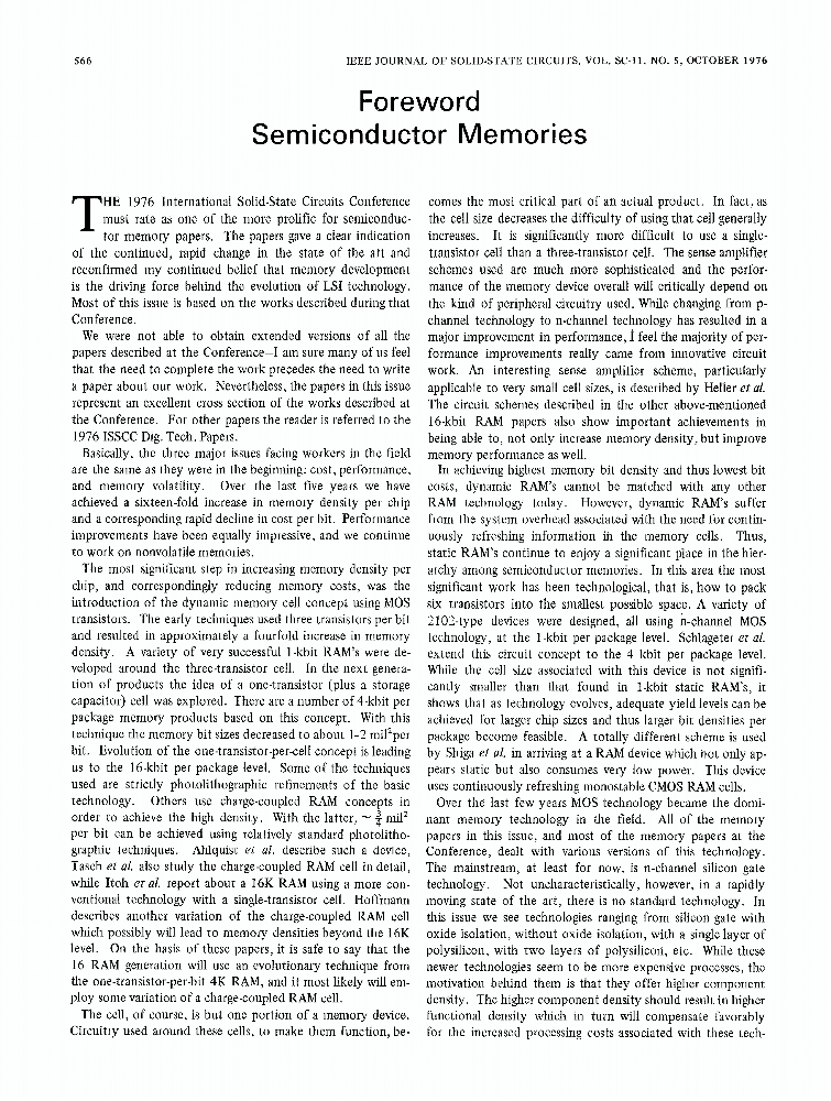 Foreword: Semiconductor Memories | IEEE Journals & Magazine | IEEE Xplore