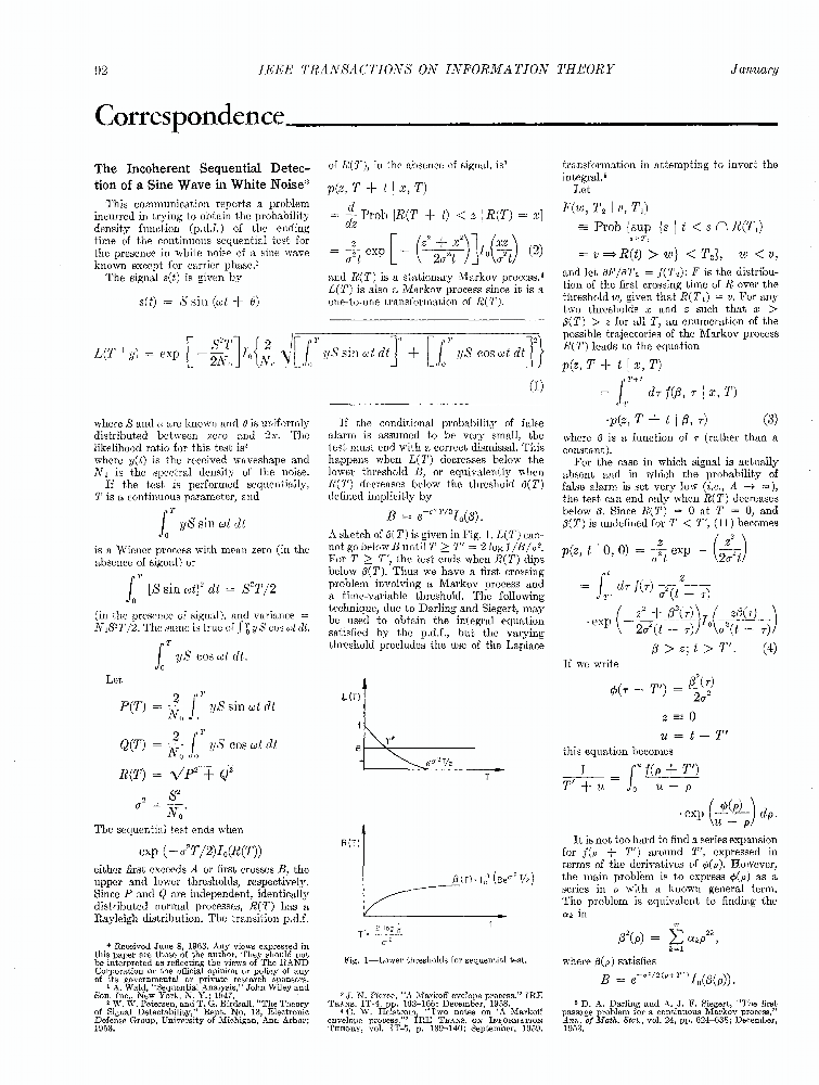 The Incoherent Sequential Detection Of A Sine Wave In White Noise Corresp Ieee Journals