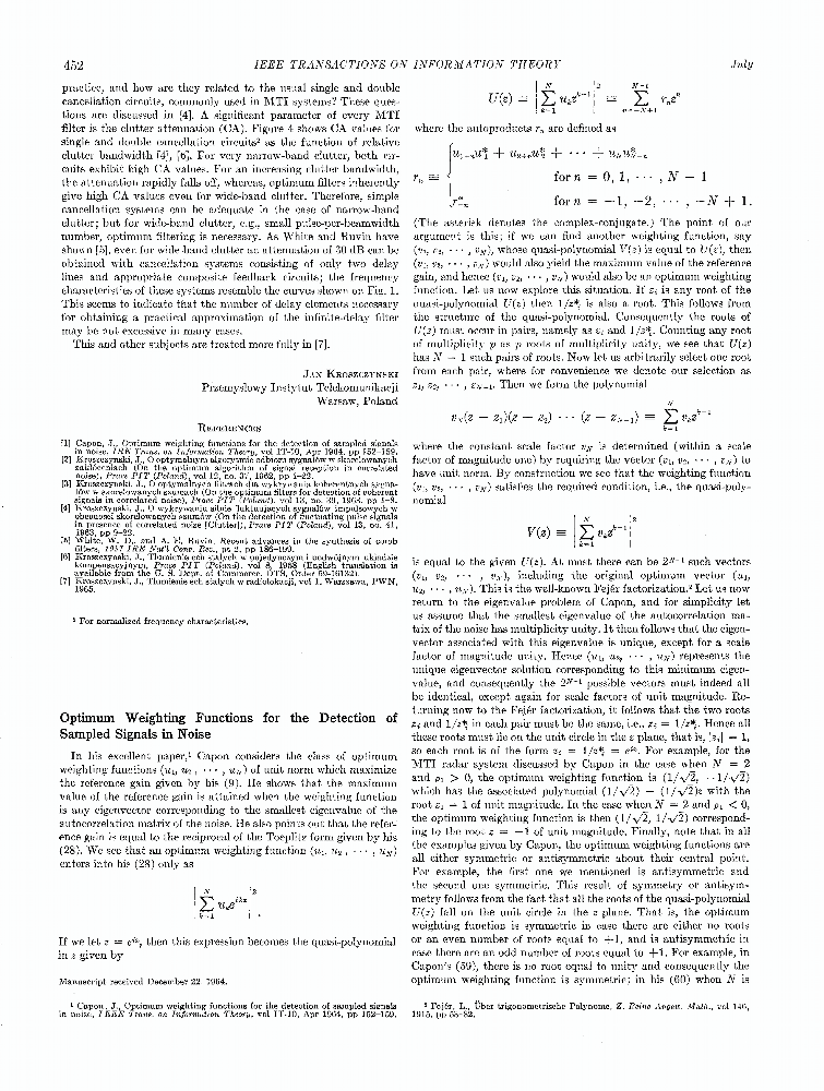 Optimum Weighting Functions For The Detection Of Sampled Signals In Noise Corresp Ieee