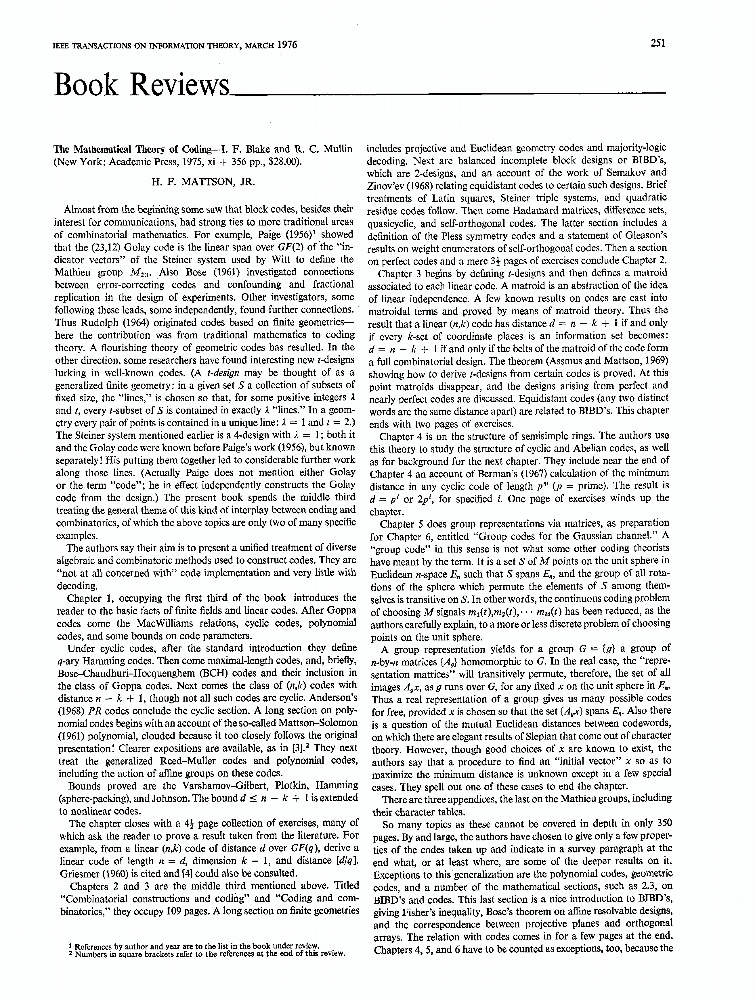 Review of 'The Mathematical Theory of Coding' (Blake, I. F., and Mullin, R. C.; 1975) | IEEE ...