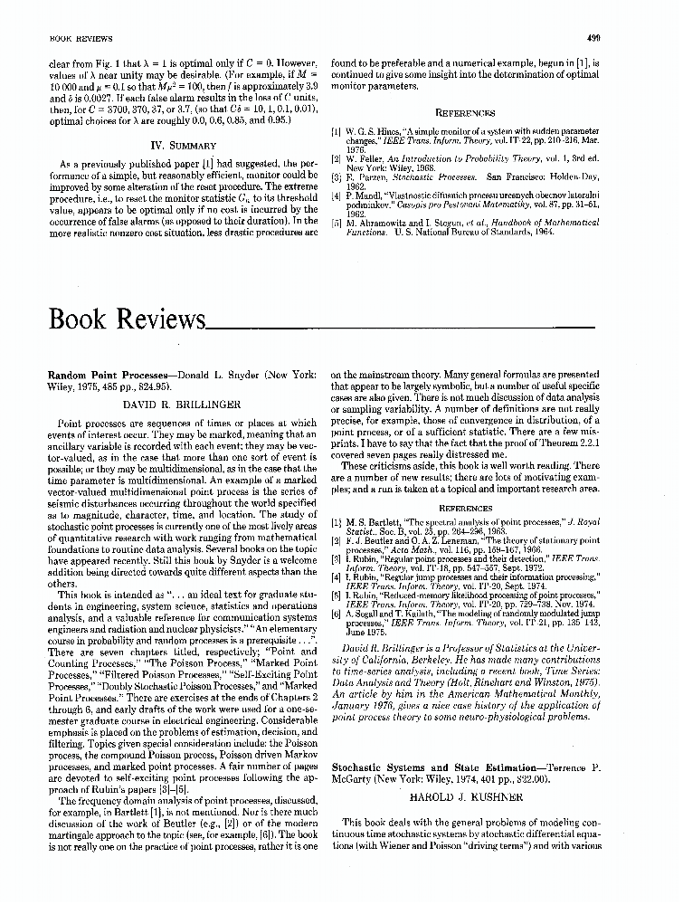 Review of 'Random Point Processes' (Snyder, D. L.; 1975) | IEEE ...