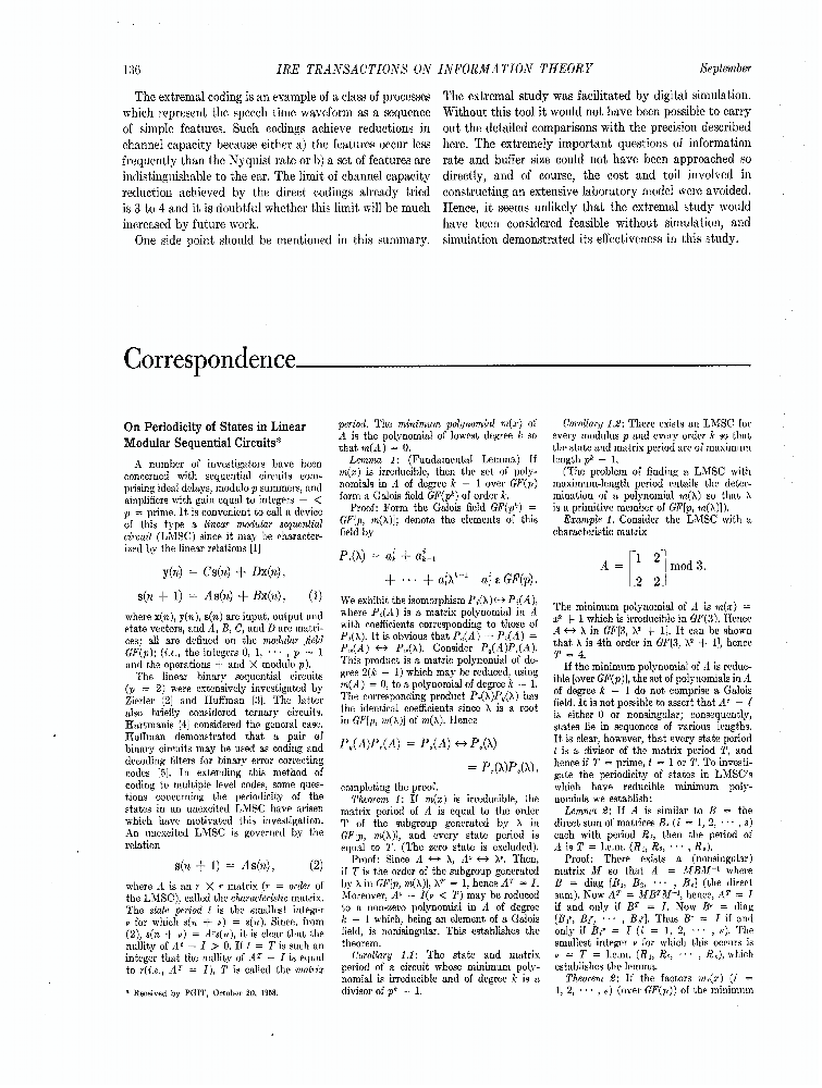 On Periodicity Of States In Linear Modular Sequential Circuits Corresp Ieee Journals