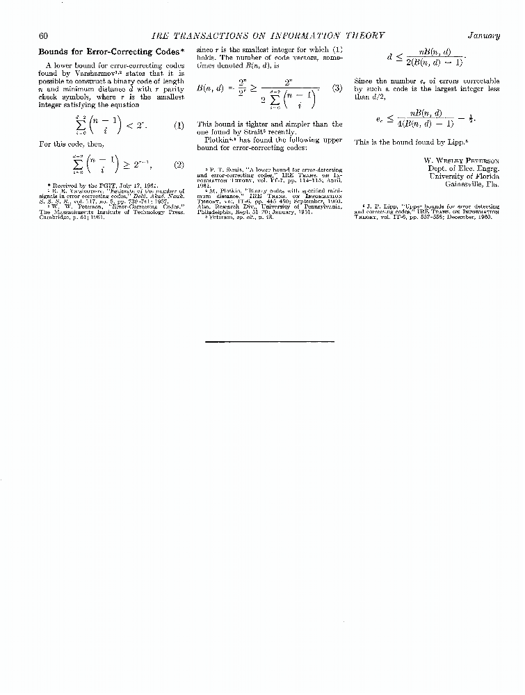 Bounds For Error Correcting Codes Corresp Ieee Journals And Magazine Ieee Xplore