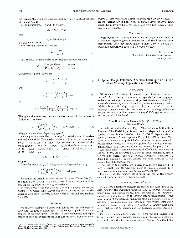 Graphic design tolerance analysis technique on linear select memory application of plated wire ...