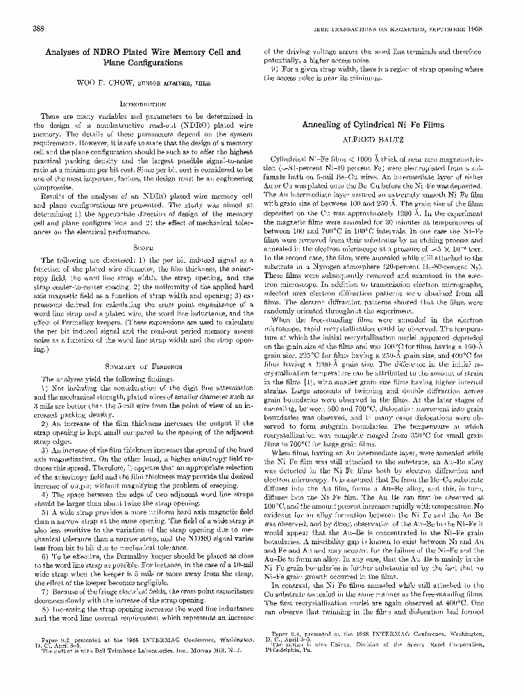 Analyses of NDRO plated wire memory cell and plane configurations ...