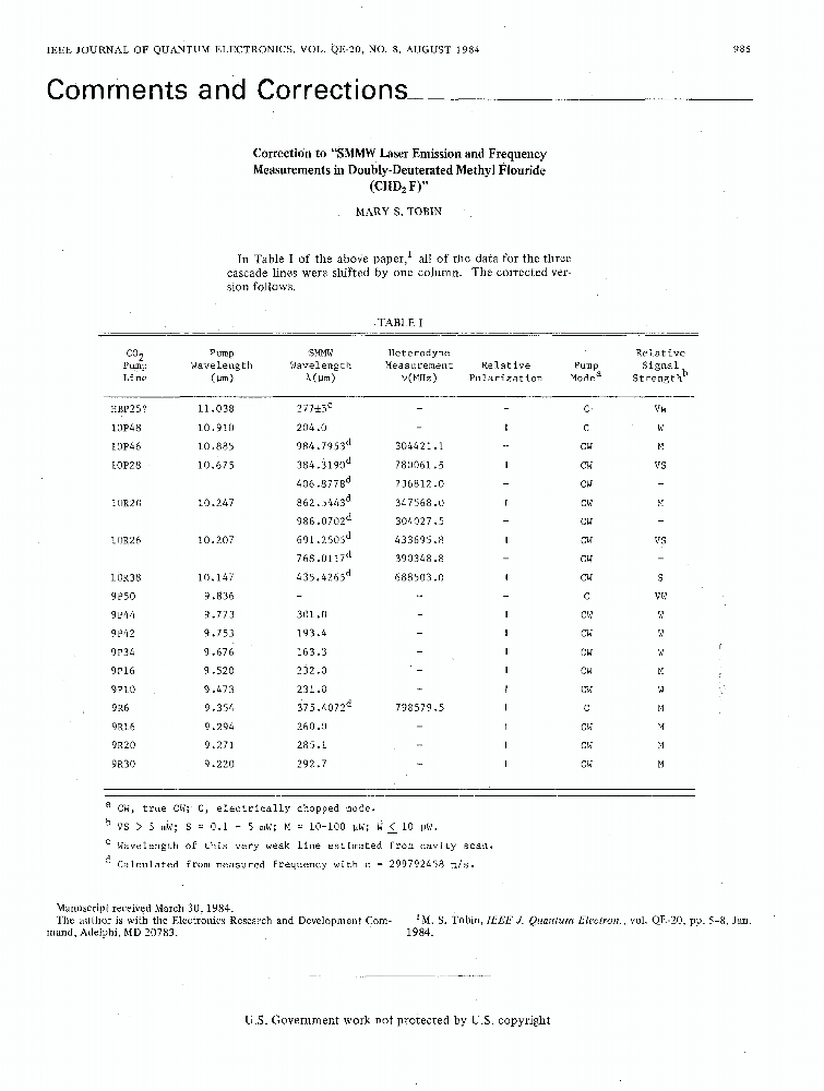 Correction to "SMMW laser emission and frequency measurements in doubly ...