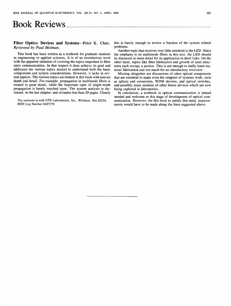 Fiber optics: Devices and systems | IEEE Journals & Magazine | IEEE Xplore